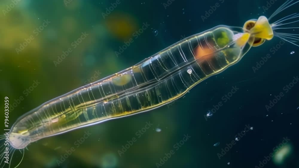 A rotifer with an elongated slim body and a transparent head allowing a ...