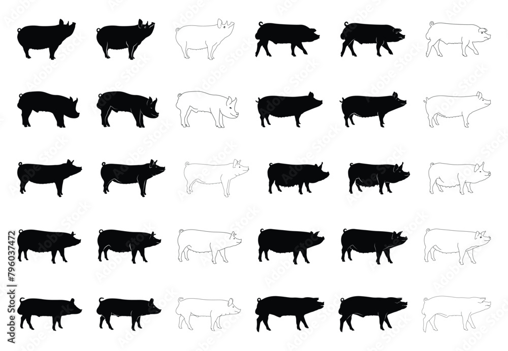 Pig silhouette set, vector illustration of icons. Quality black and ...