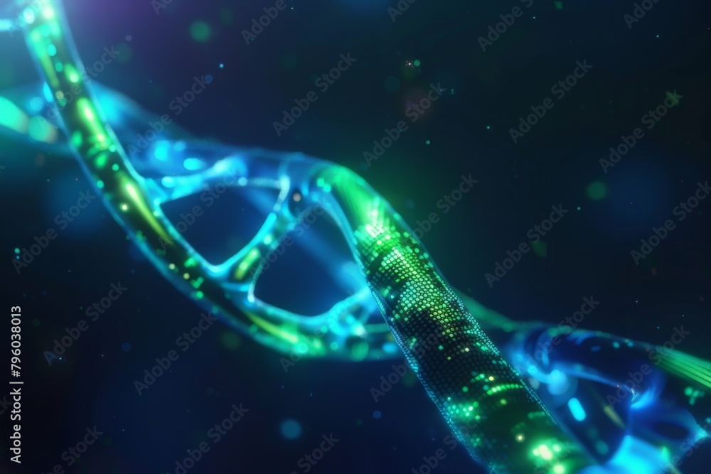 Twisting 3D DNA strand with glowing nodes and a high-tech digital feel ...