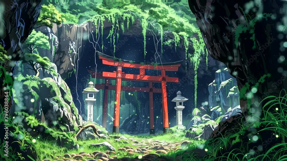 Japanese moss-covered Torii Gates in the forest cave. Ancient concept ...