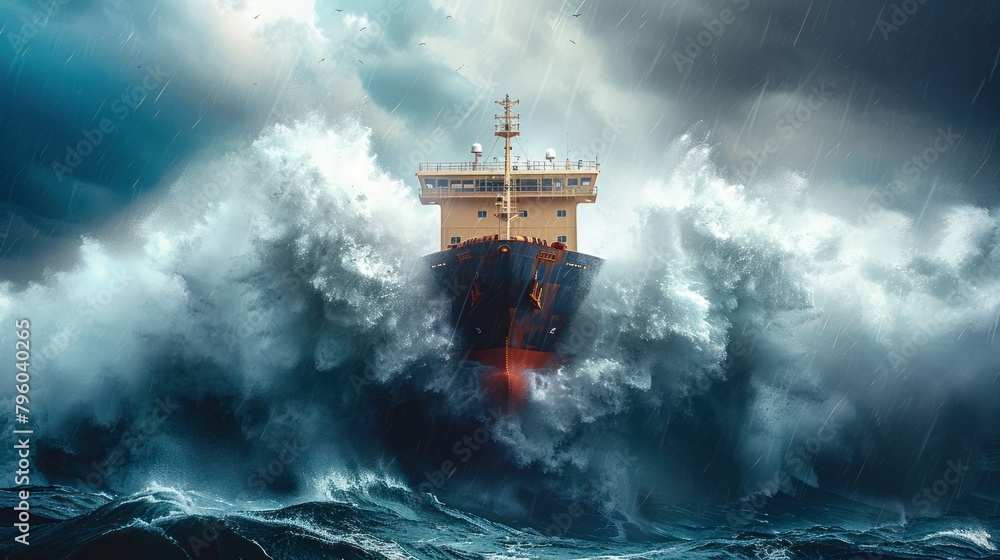 cargo ship battling against a raging storm, with waves towering over ...