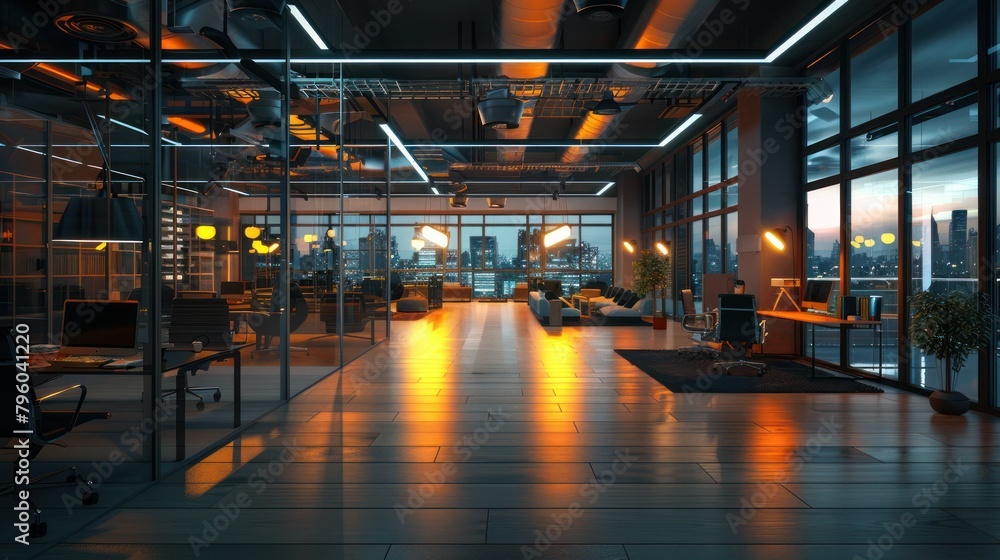 high-tech startup office with open floor plans and bright lights, where ...
