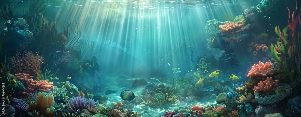 concept art of an underwater scene with coral reefs and sea creatures ...