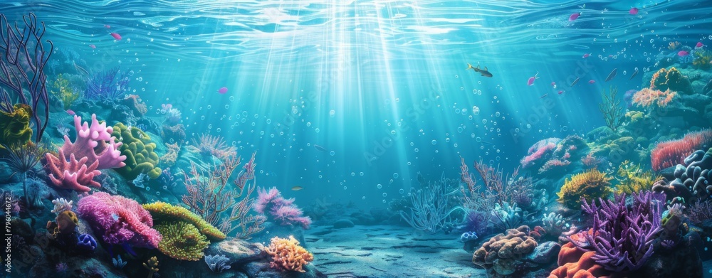 concept art of an underwater scene with coral reefs and sea creatures ...