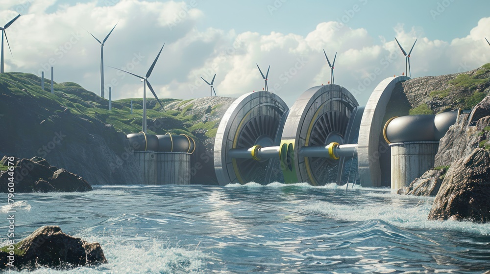 tidal power plant harnessing the energy of rising and falling tides to ...