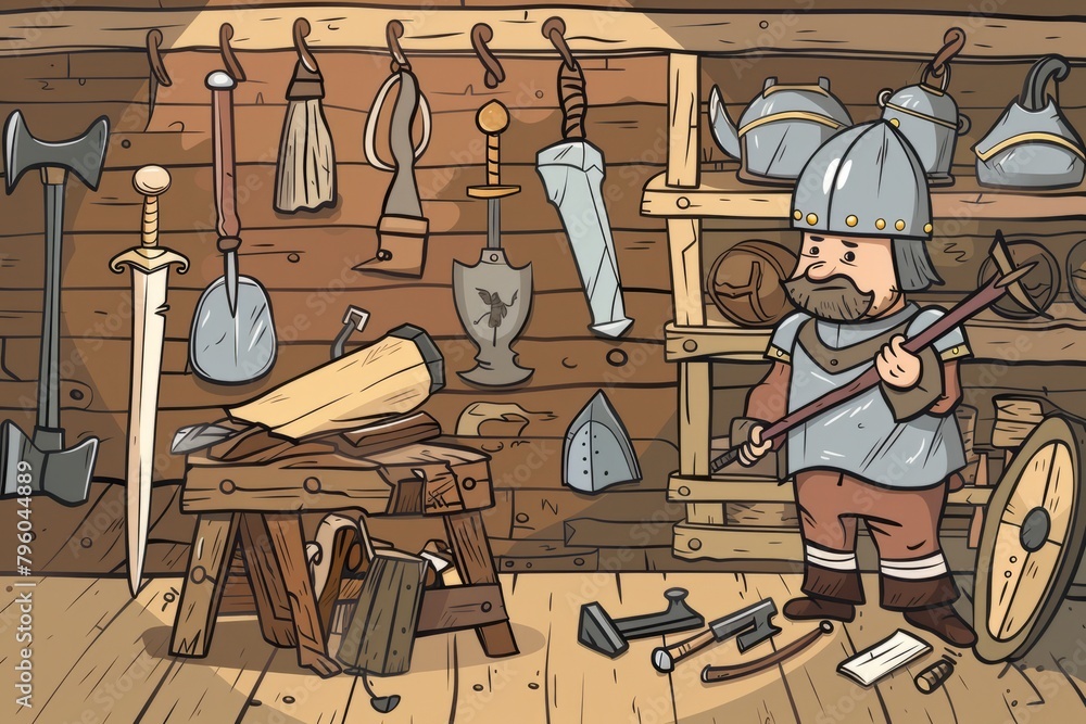 Cartoon cute doodles of a humble blacksmith forging weapons and armor ...