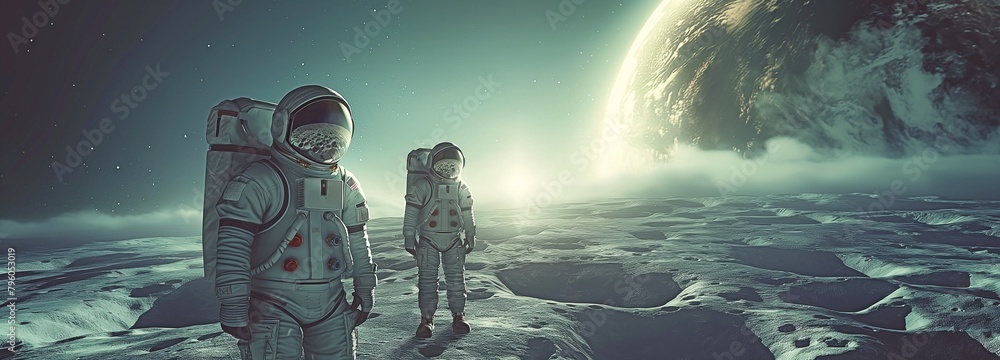 astronaut team shown atmospherically in a scene reminiscent of a space ...