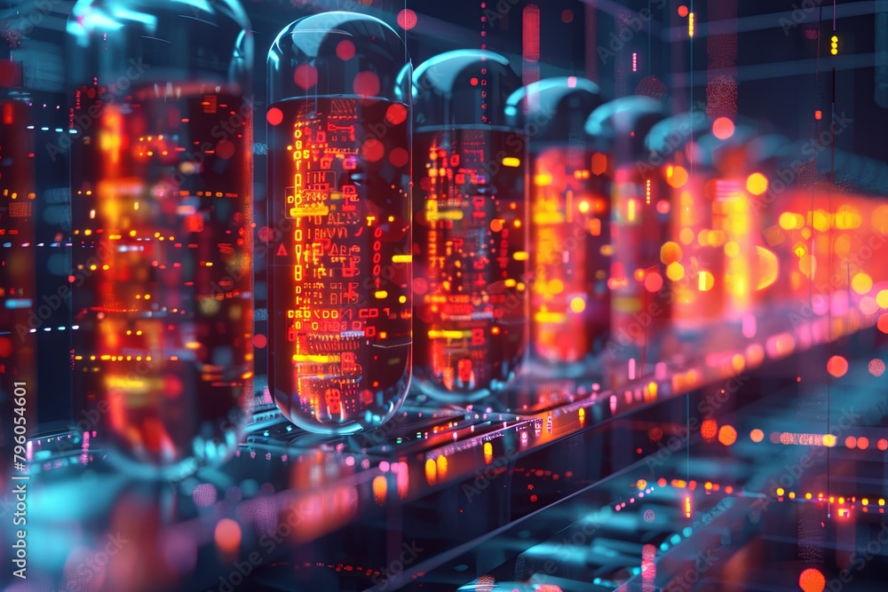 Rows of laboratory vials embedded with glowing digital data codes ...