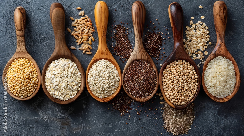 Artistic top view display of whole grains including quinoa, oats ...