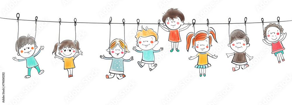 A row of cartoon children hanging on a line. The drawing style is ...