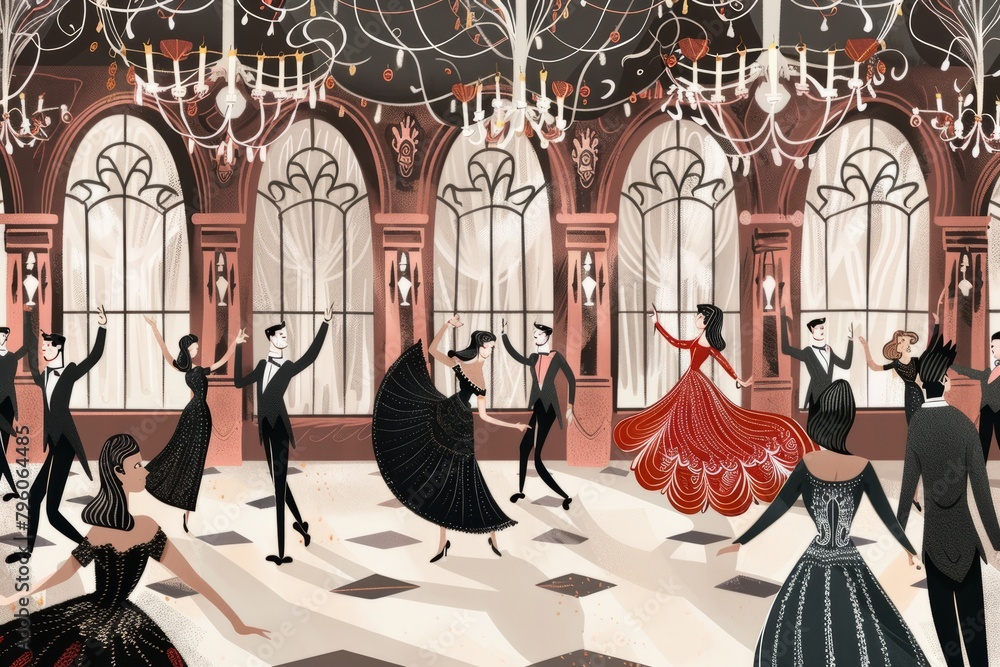 Cartoon cute doodles of a royal ballroom filled with elegant dancers ...
