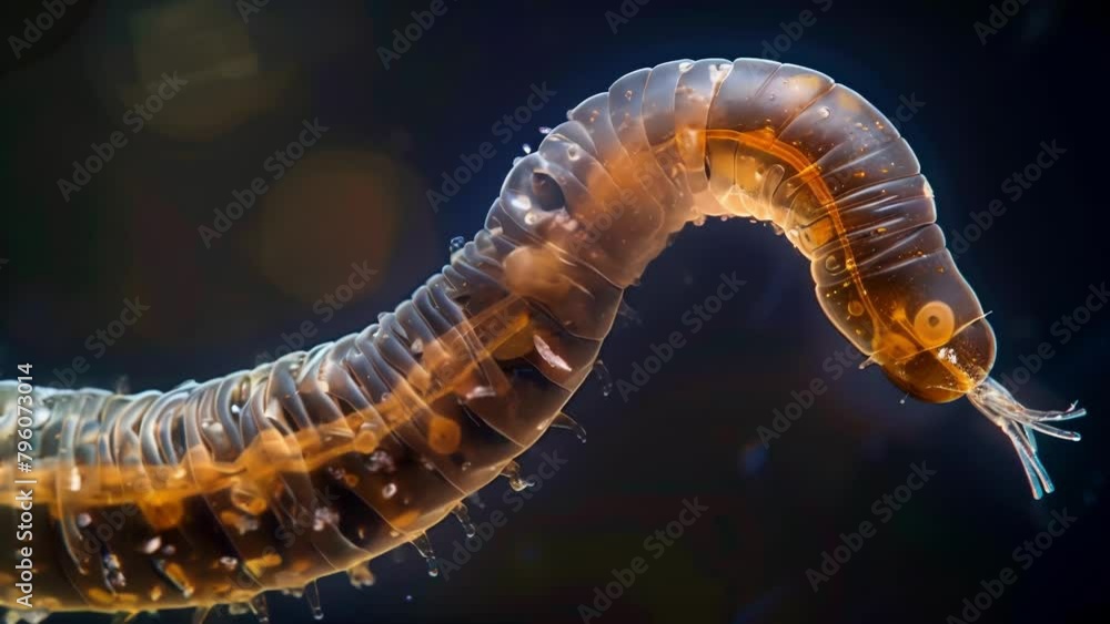 A highly magnified view of a microscopic nematode whose transparent ...
