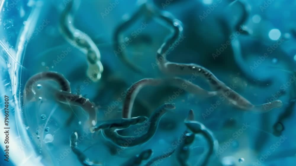 A group of nematodes in a petri dish swarming and wriggling in a ...
