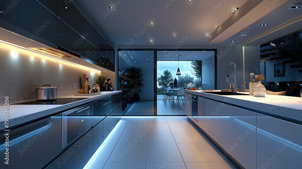 A modern kitchen neatly illuminated by recessed LED spots, showcasing a ...
