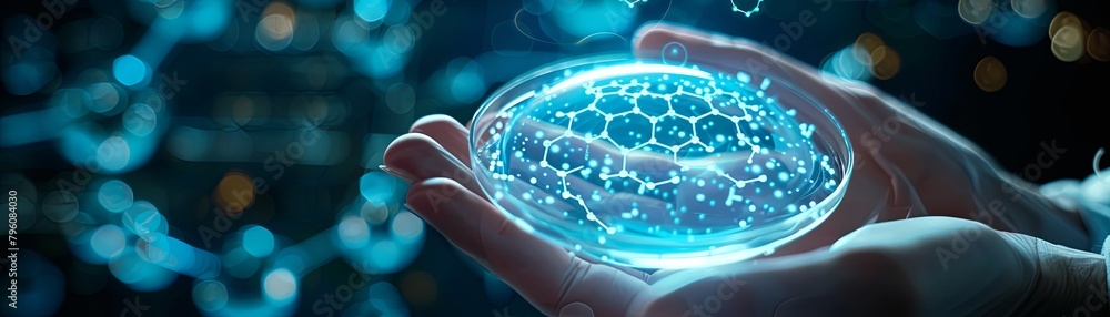 Gloved hands hold a petri dish that illuminates a complex molecular ...