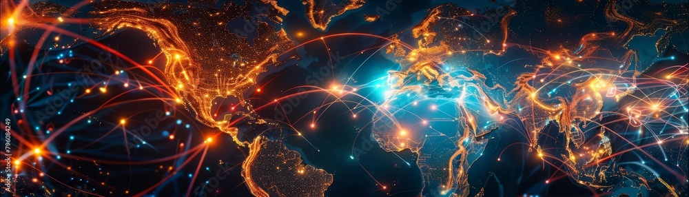 A macro closeup of a digital map displays international trade routes ...