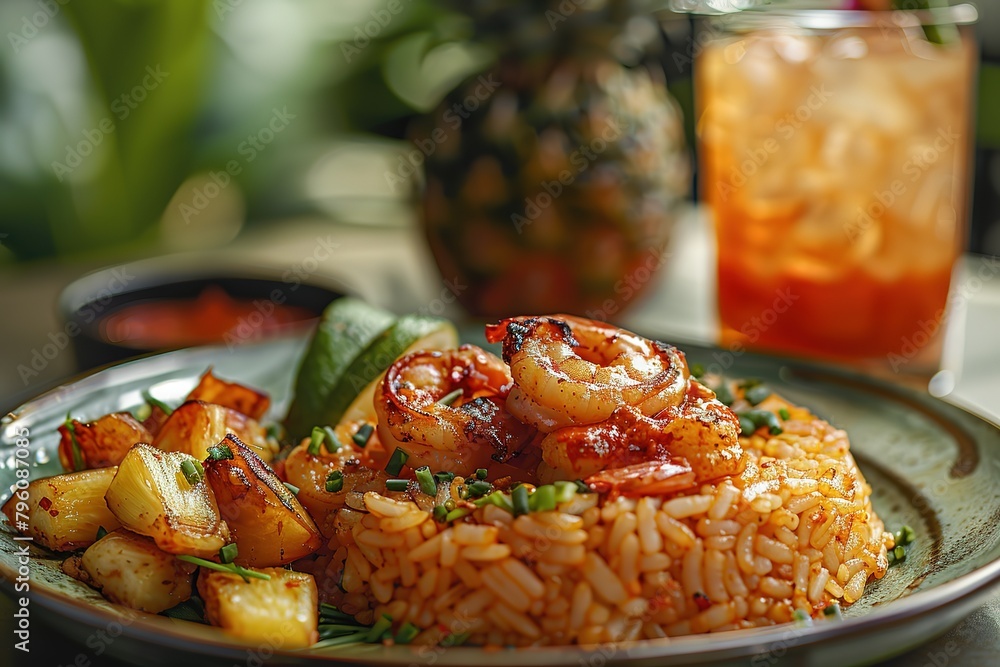 Photorealistic food photography of various dishes on the table, such as ...
