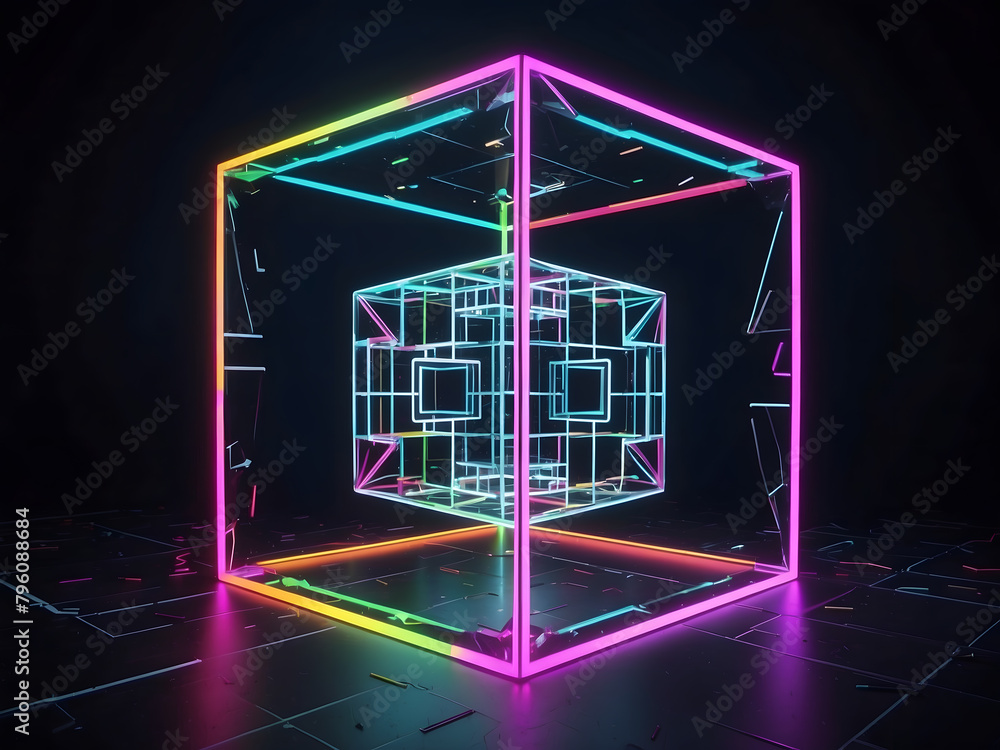 Hypercube Tesseract neon glowing math solid shape, stunning beauty of ...