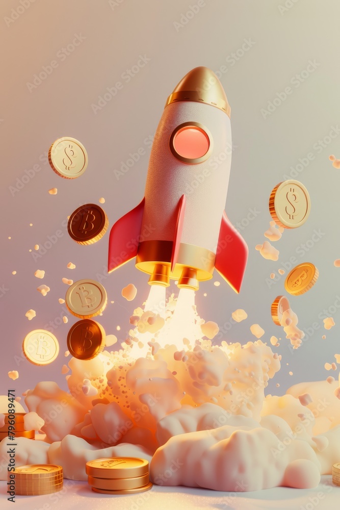 A cartoon rocket launching with flames and smoke. The rocket is white ...