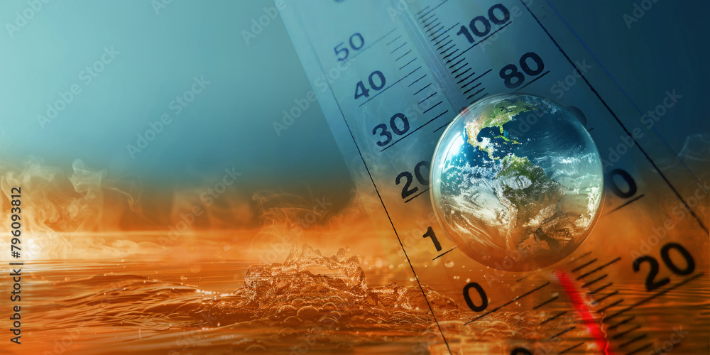 Thermometer fiery illustration of Earth's rising temperature, concept ...