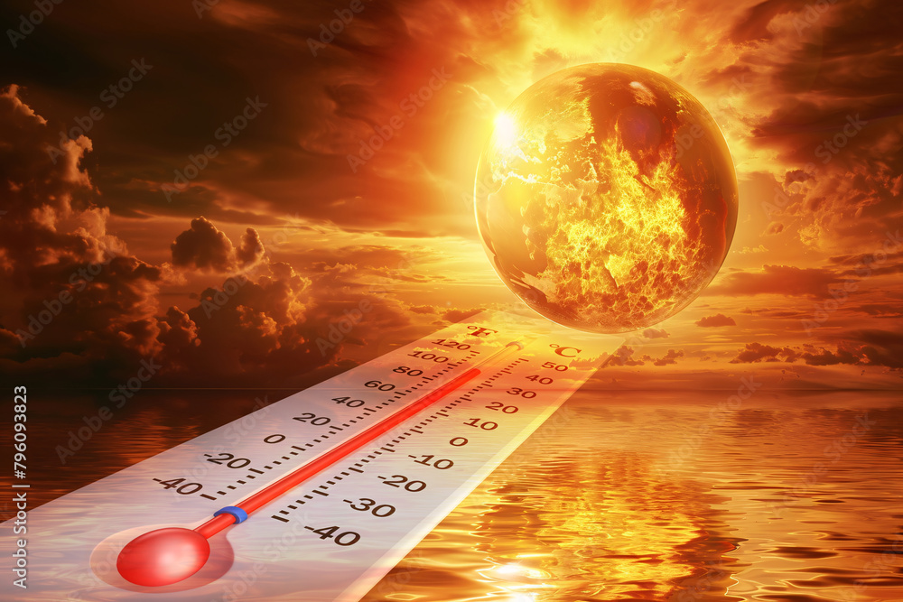 Thermometer fiery illustration of Earth's rising temperature, concept ...