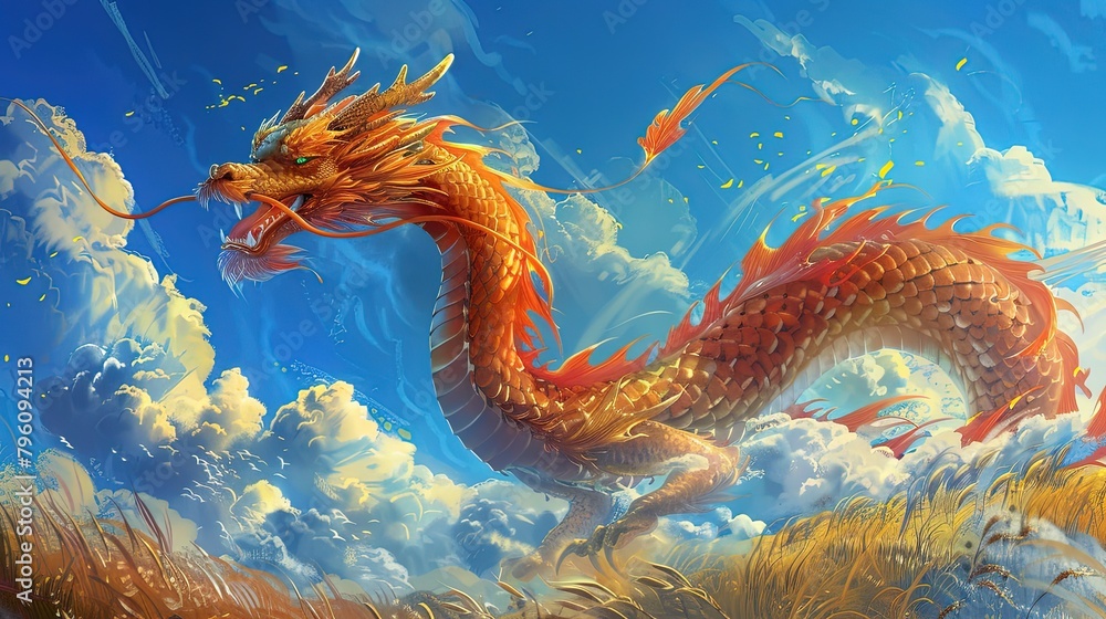 Japanese dragon, Golden scales, Dragon flying across cornfield and ...