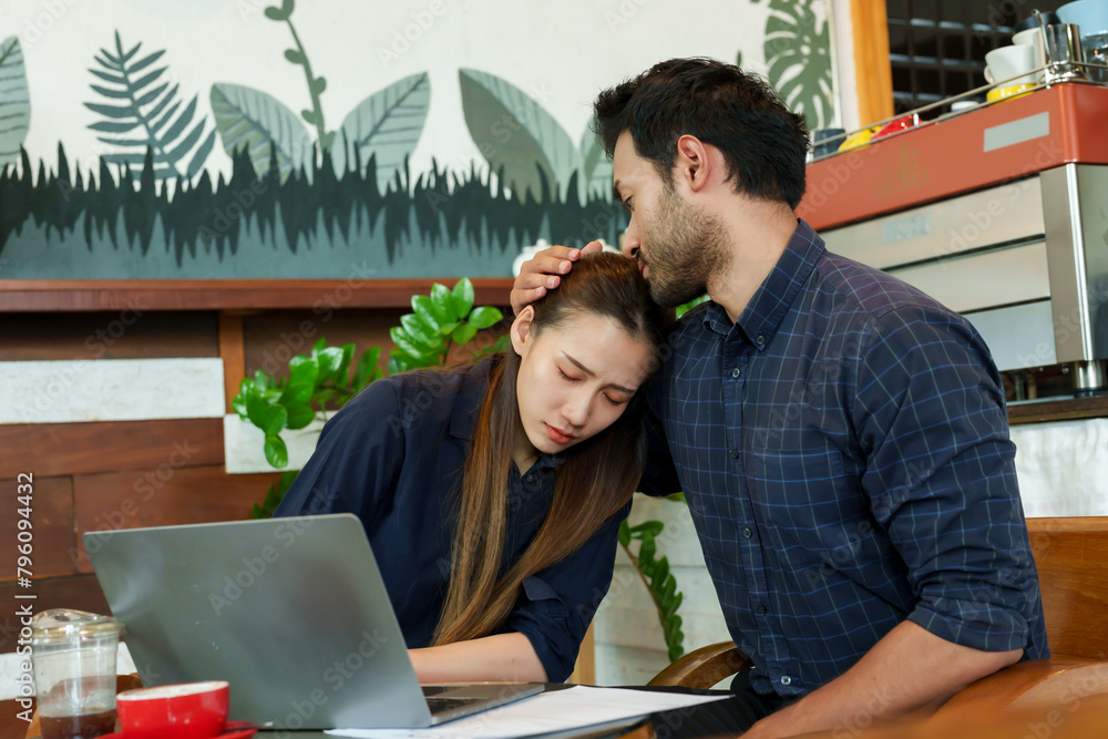 multiracial men Cafe owner Small business barista employee sitting arms ...