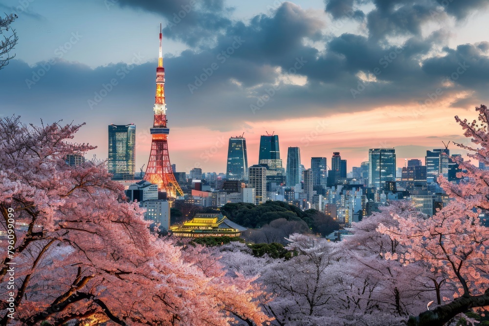 Tokyo skyline featuring cherry blossom trees, AI generated Stock Photo ...