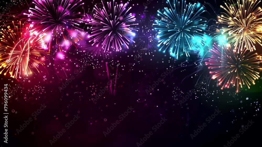 colorful fireworks on the black sky background with space for text ...