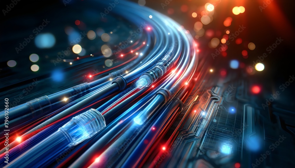 a close-up view of fiber optic cables with a dynamic flow of light ...