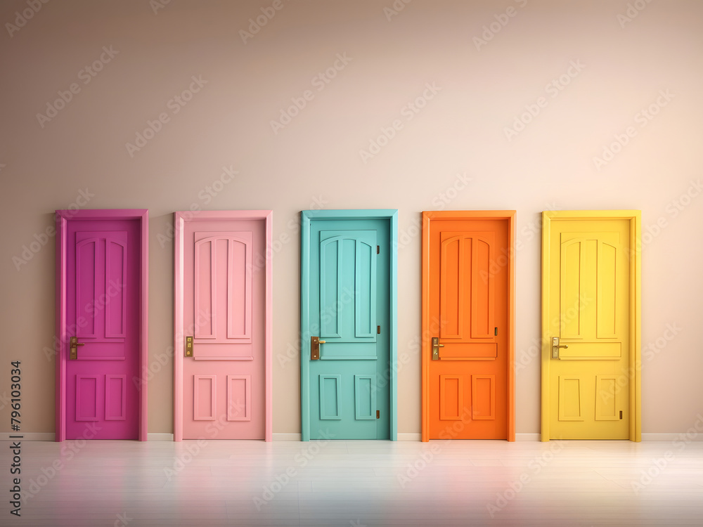 Five doors with empty walls. Five colourful doors on an isolated light ...