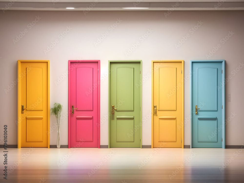 Five doors with empty walls. Five colourful doors on an isolated light ...