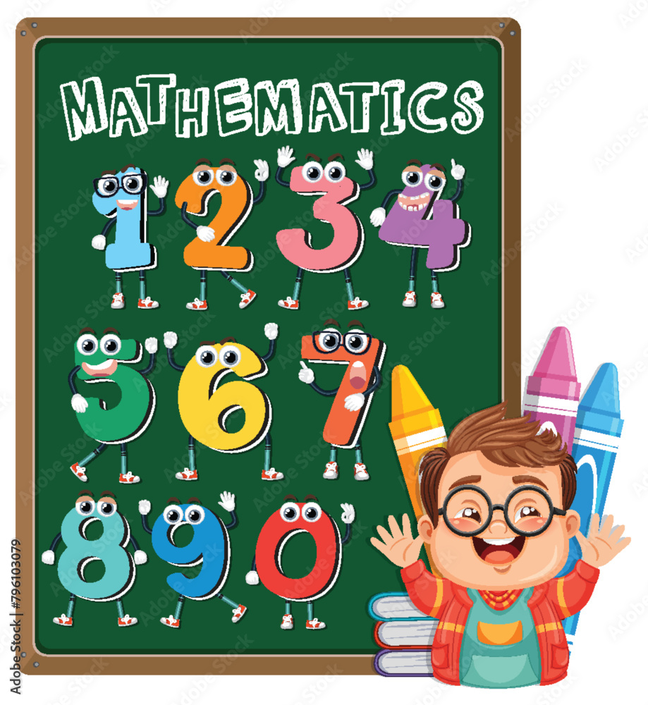 Cartoon boy with animated numbers on chalkboard Stock Vector | Adobe Stock
