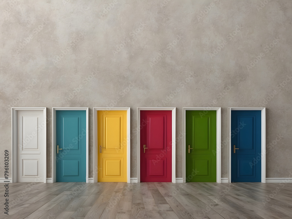 Five doors with empty walls. Five colourful doors on an isolated light ...