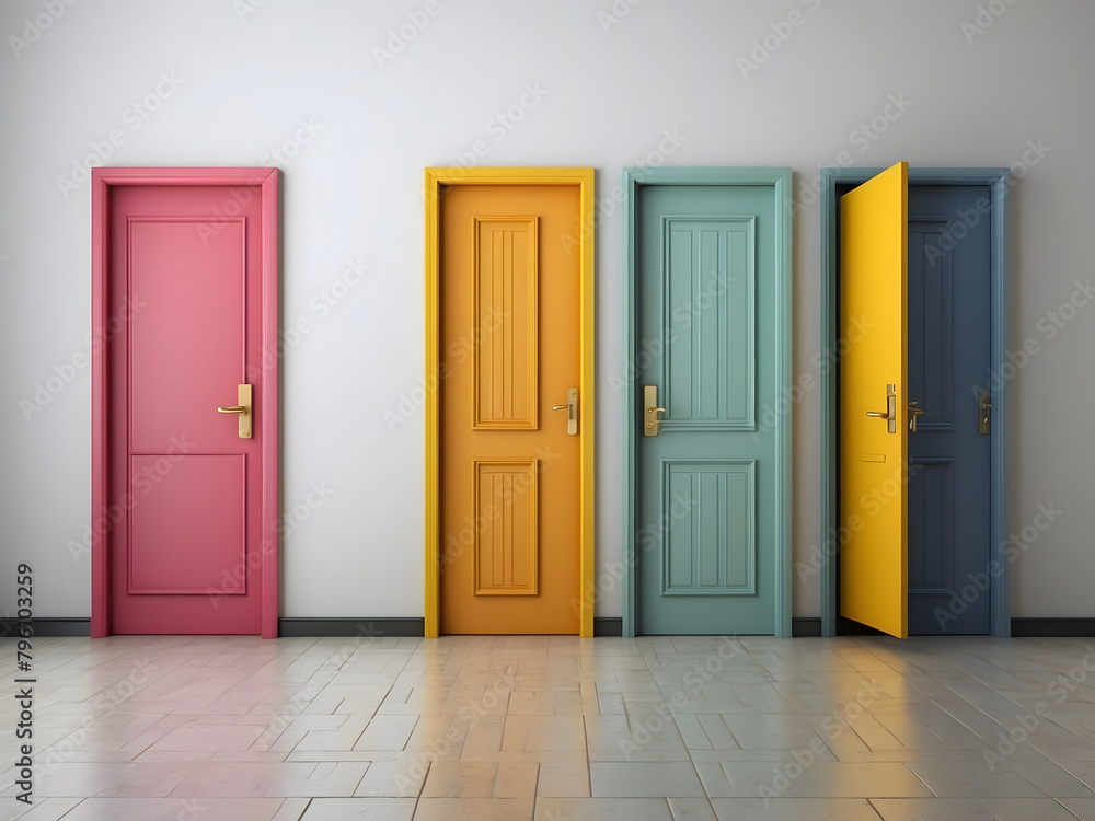 Five doors with empty walls. Five colourful doors on an isolated light ...