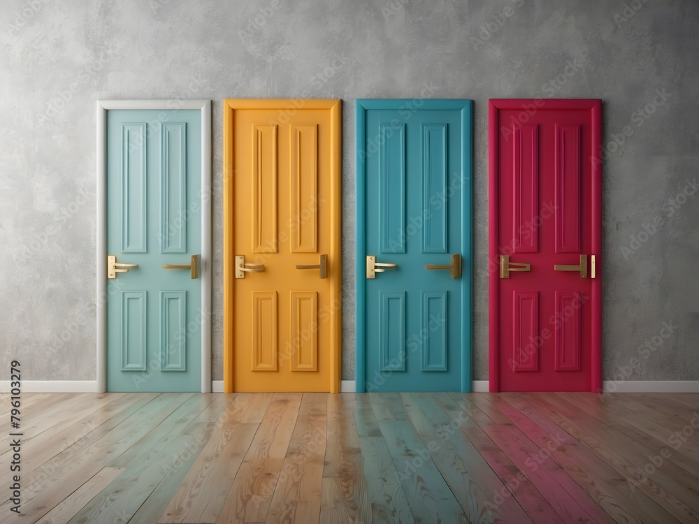 Five doors with empty walls. Five colourful doors on an isolated light ...