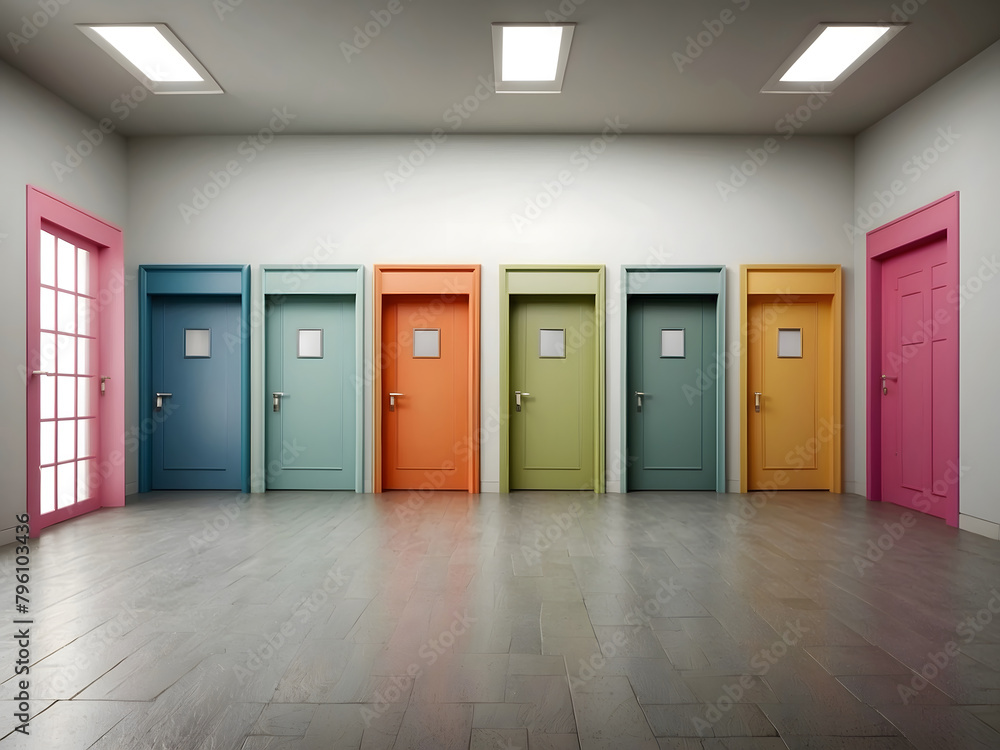 Five doors with empty walls. Five colourful doors on an isolated light background design. Five ...
