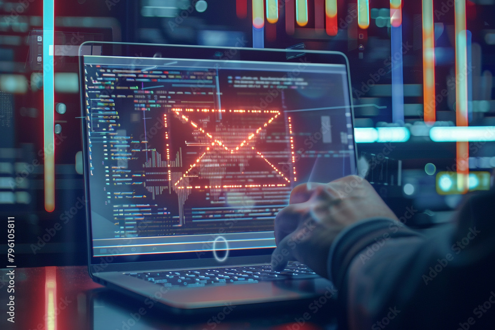 Laptop screen with an email alert about firewall vulnerability ...