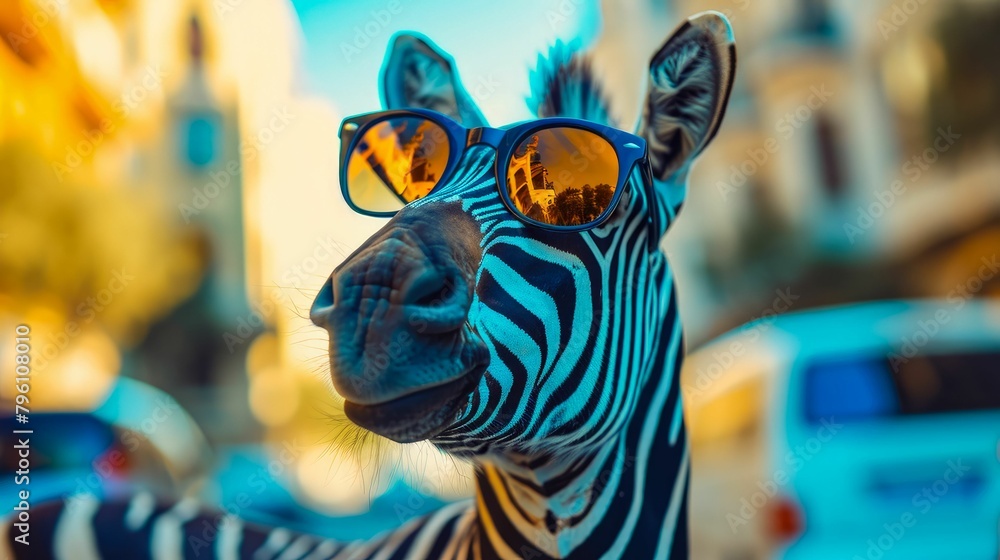 Fashionable zebra strides through city streets in tailored elegance ...