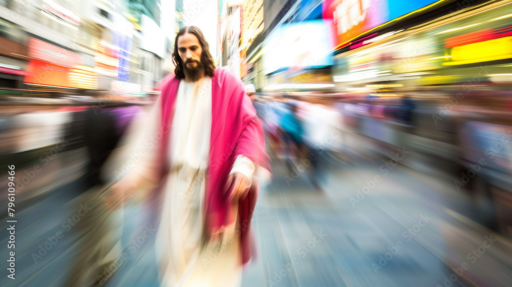 Jesus Christ walking through a modern crowded city street with motion ...