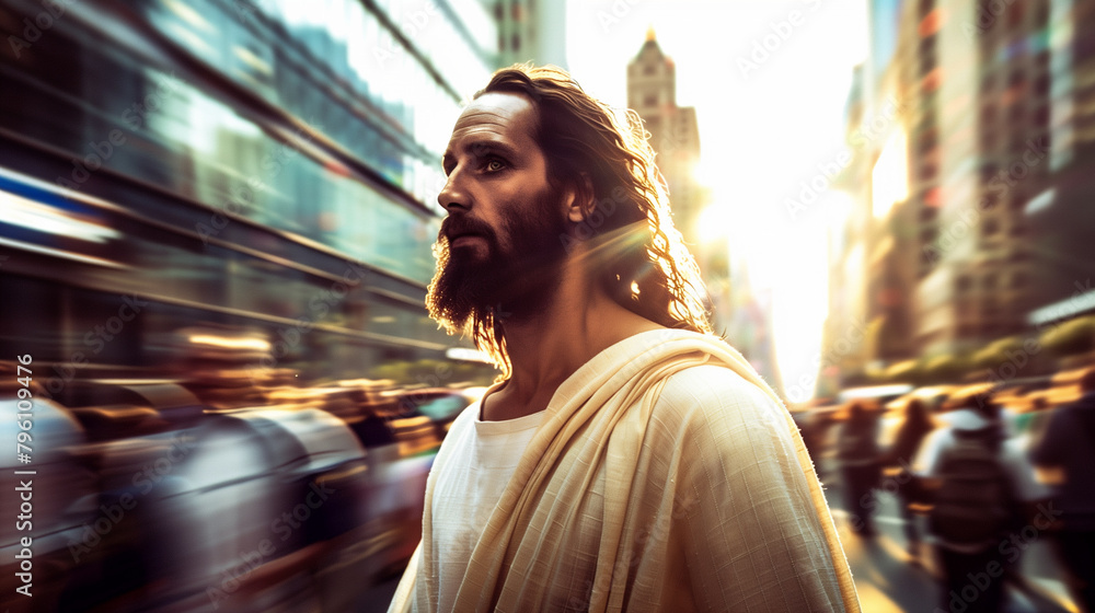 Jesus Christ walking through a modern crowded city street with motion ...