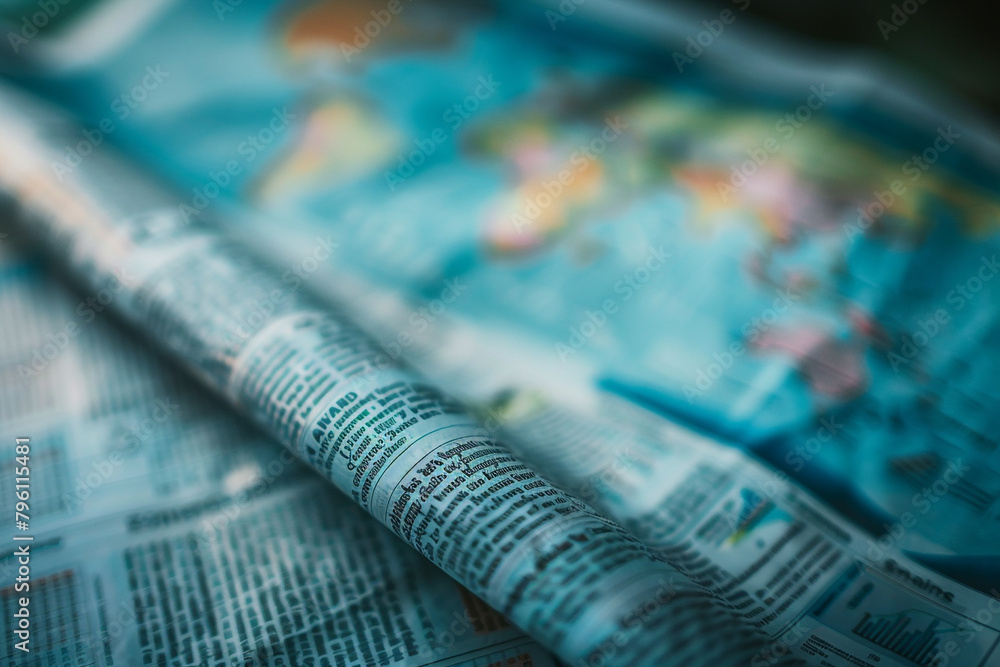 Macro shot of a newspaper headline about a global economic crisis, with ...