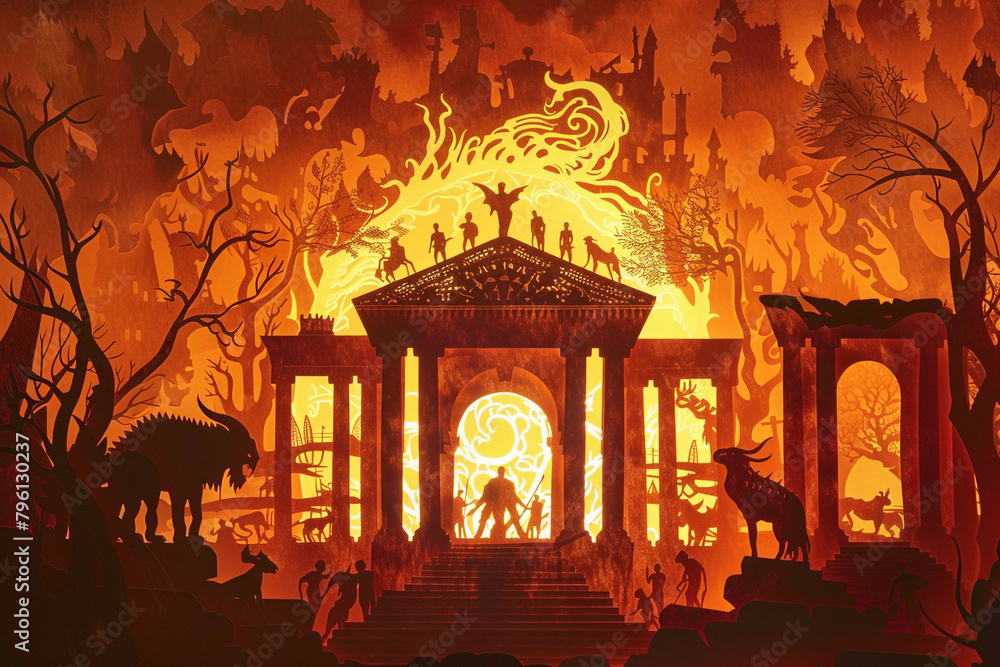 Mythical gates of Hell a paper cut design with fiery depths and demonic ...