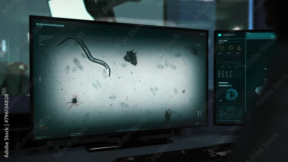 Doctor is looking at the scan of the worm cell on the computer screen ...