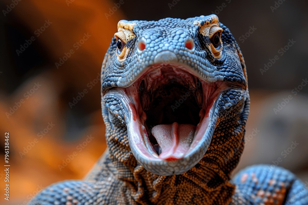 Komodo Dragon: Tongue flicking out with textured skin and forked tongue ...