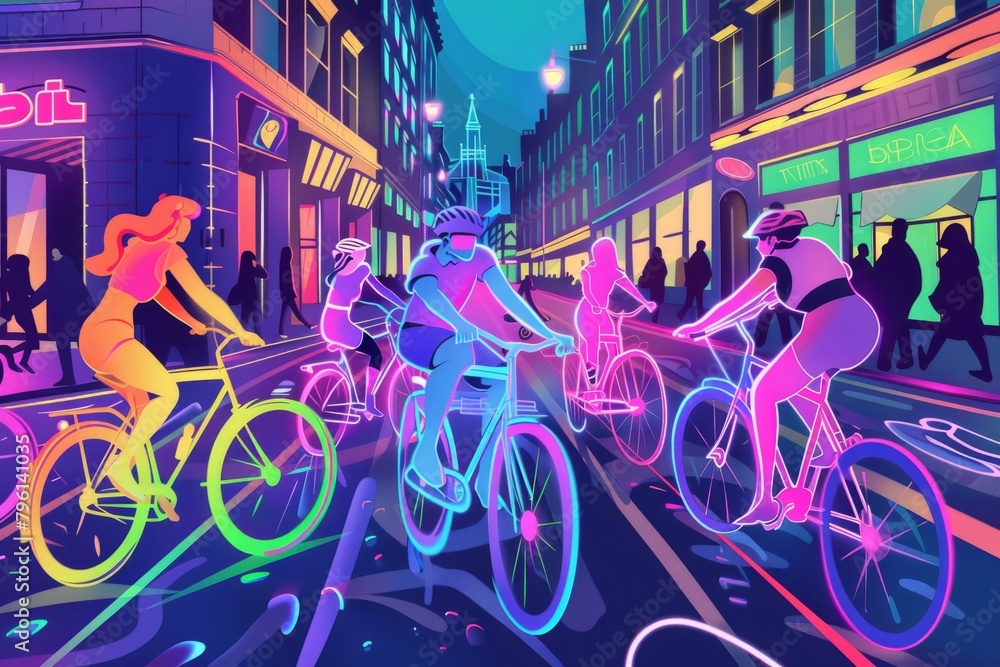 Cartoon cute doodles of characters riding neon bicycles through a ...