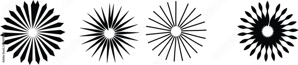 Radial sun burst. Black-white round sunburst icons. Starburst circles ...