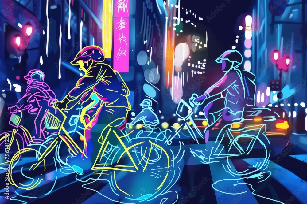 Cartoon cute doodles of characters riding neon bicycles through a ...
