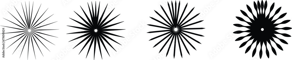 Radial sun burst. Black-white round sunburst icons. Starburst circles ...