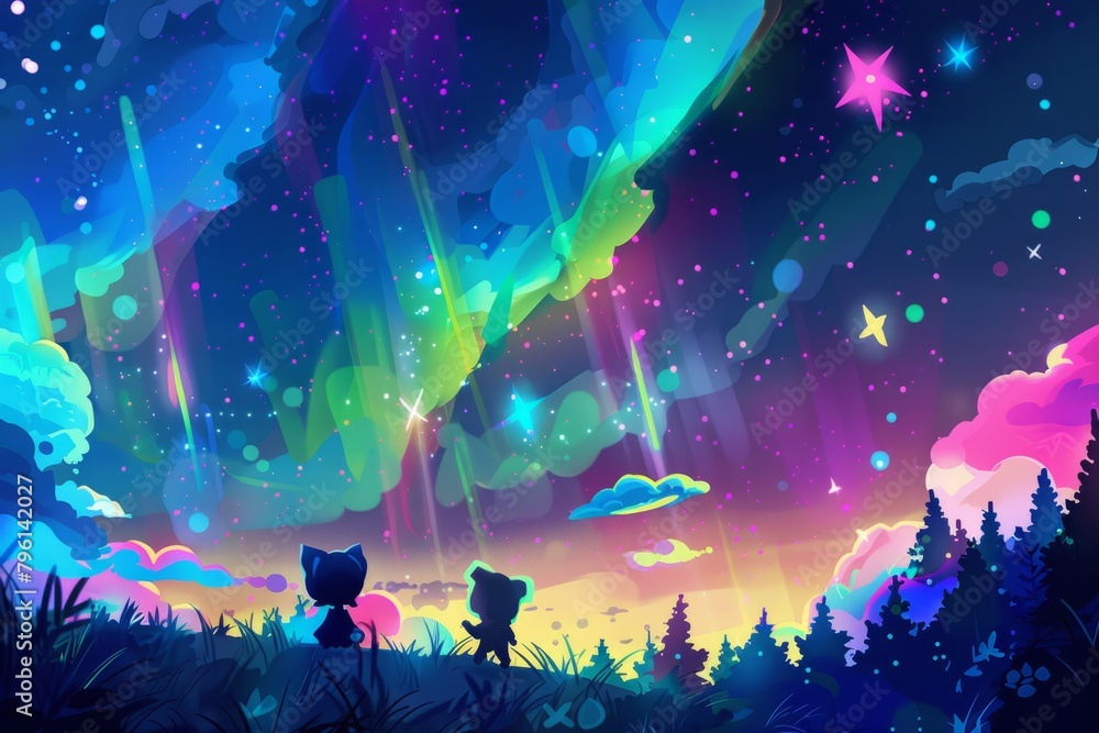 Cartoon cute doodles of characters stargazing under a neon aurora ...